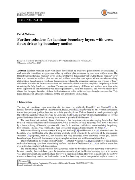 Further Solution For Laminar Boundary Layer With Cross Flow Driven By Boundary Motion 1 Pdf