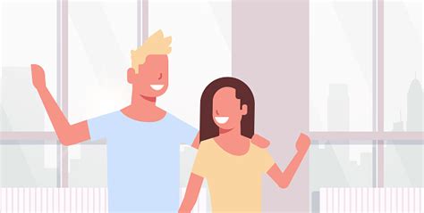 남자 여자 개념 행복 한 커플 연인 재미 함께 즐기는 시간을 집에서 춤을 수용 현대 아파트 인테리어 가로 세로 플랫 2명에 대한 스톡 벡터 아트 및 기타 이미지 Istock