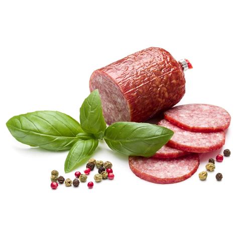 Premium Photo Salami Smoked Sausage Basil Leaves And Peppercorns