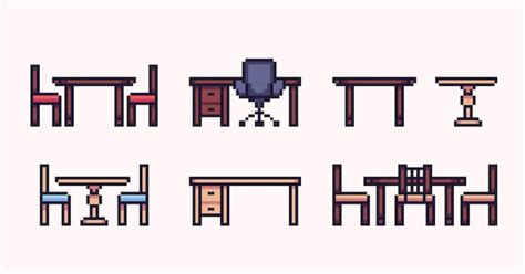 테이블과 의자 픽셀 아트 세트입니다 식당 사무용 가구 컬렉션 8비트 스프라이트 프리미엄 벡터