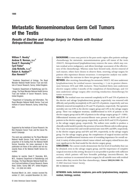 Cancer 2002 Hendry Metastatic Nonseminomatous Germ Cell Tumors Of The Testis Pdf