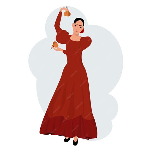 Premium Vector A Girl In A Red Dress Dances With Castanets Flamenco