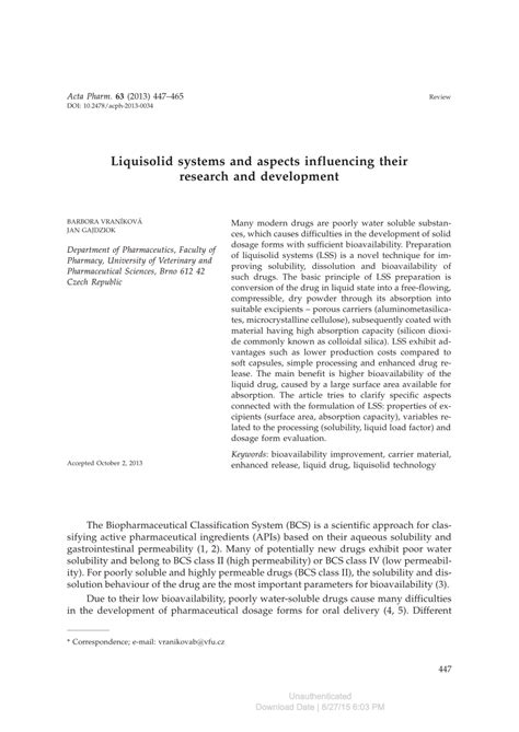 Pdf Liquisolid Systems And Aspects Influencing Their Research And Development