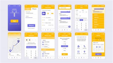 Ui Ux Gui 화면 세트 배달 앱 플랫 템플릿 프리미엄 벡터