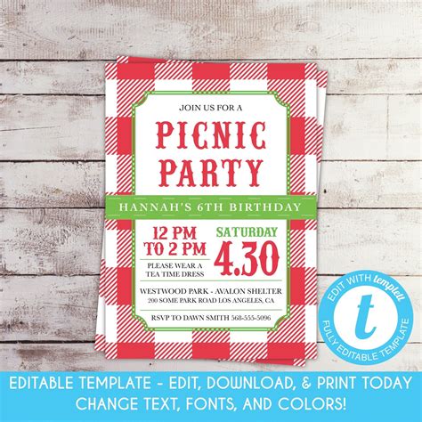 Editable Red Gingham Picnic Birthday Invitation Checkered Spring Picnic