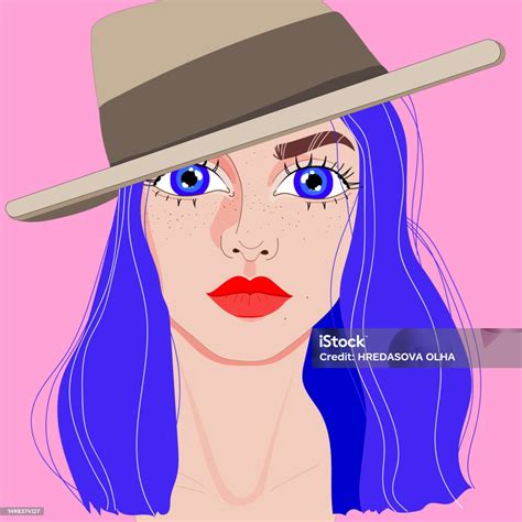 Potret Seorang Gadis Cantik Bertopi Dengan Rambut Biru Konsep Salon