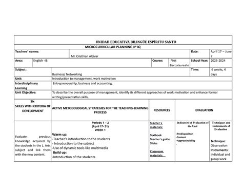 Business Networking Unit 1 1bac Unidad Educativa BilingÜe EspÍritu