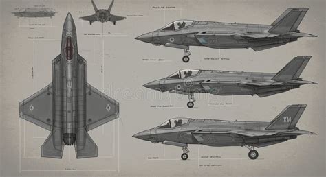 Technical Blueprints Of A Modern Fighter Jet Displaying Multiple Views