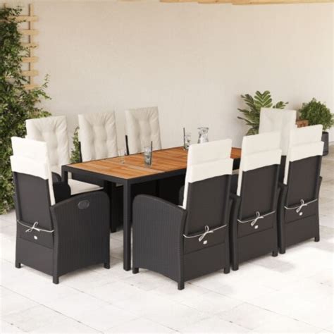 Vidaxl 9 Piece Patio Dining Set With Cushions Black Poly Rattan 748