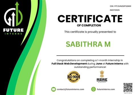 Thrilled To Share My Full Stack Internship Achievement Sabithra M Cse