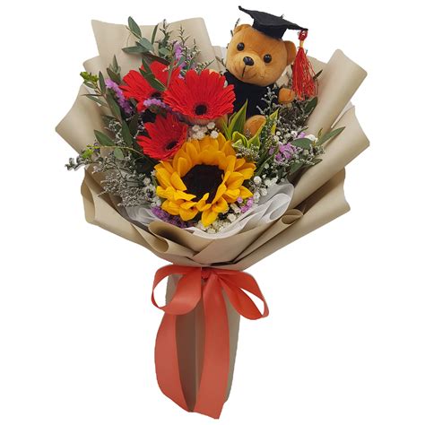 Graduation Bouquet With Sunflowers Gerbera And Graduation Bear I Do