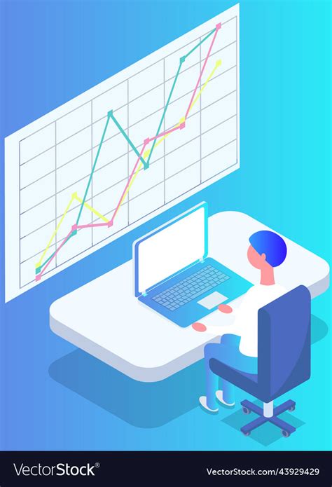Man Analyses Digital Report With Data Statistical Vector Image