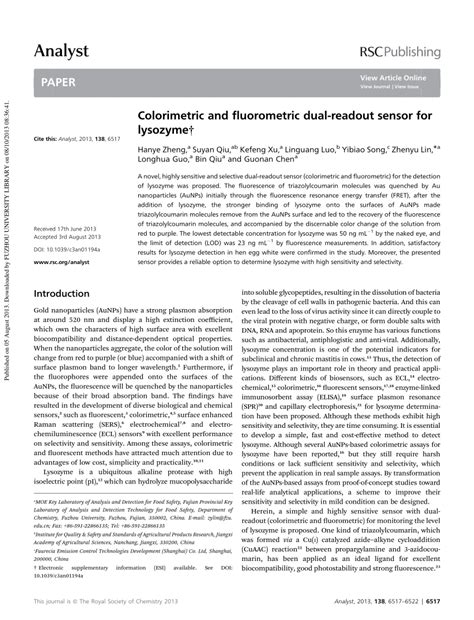 [pdf] Colorimetric And Fluorometric Dual Readout Sensor For Lysozyme