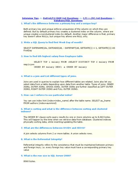 sql server interview tips pdf database index data management software