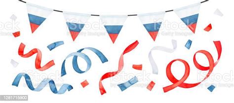 축제 화환 러시아의 삼각형 깃발 파티 스트리머와 다채로운 비행 색종이의 물 색깔 세트 손으로 그린 수채화 스케치 드로잉 컷 아웃