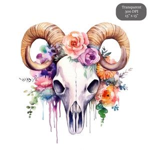 Watercolor Ram Skull With Flowers Sublimation Png Ram Skull Digital