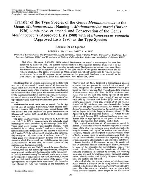 Pdf Transfer Of The Type Species Of The Genus Methanococcus To The Genus Methanosarcina