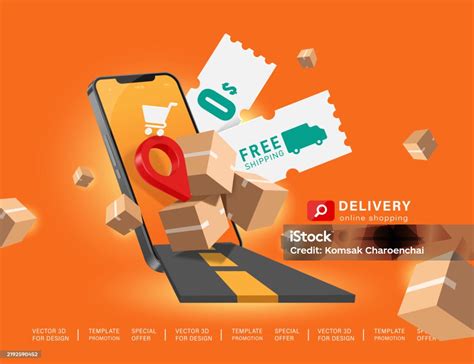 무료 배송 쿠폰 최소 없음 흰색 소포 상자 또는 판지 상자 빨간 핀 도로 광고 프로모션 배송 무료 배송 벡터 3d 일러스트 레이 션을위한 스마트 폰 화면 앞의 모든 3차원