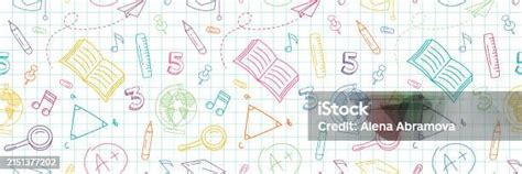 학교 배경으로 돌아 가기 Doodle 용품이 있는 Seamless Pattern 낙서와 함께 아이들 다채로운 배경 학교 컨셉 배너 및 배경으로 돌아 가기 노트북에 색연필로