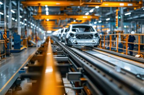 Modern Passenger Car Assembly Line In Factory Setting With Workers On