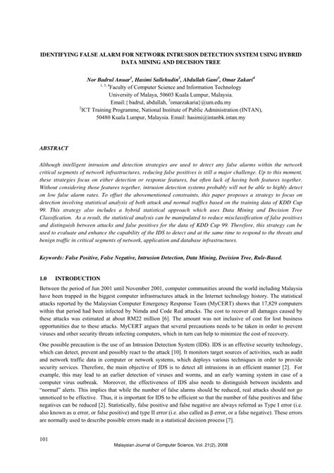 Pdf Identifying False Alarm For Network Intrusion Detection System Using Hybrid Data Mining