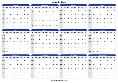 1981 Yearly Calendar — Print Pdf With Holidays And Week Numbers