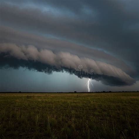 Dark Storm Clouds Form A Striking Shelf Cloud Over An Open Field A
