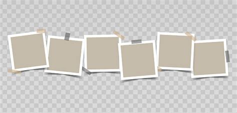 베이지 색 빈 사진 프레임과 덕트 테이프가 연속으로 있습니다 디자인 프리젠 테이션 사진을위한 벡터 현실적인 모형 흰색 테두리가있는 여섯 개의 사각형 사진 카드 빈 템플릿