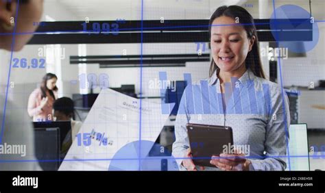 Image Of Statistical Data Processing Against Asian Woman Discussing With Diverse Woman At Office