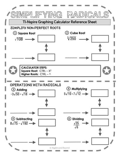 Simplifying Radicals TI NSpire Graphing Calculator Reference Sheet