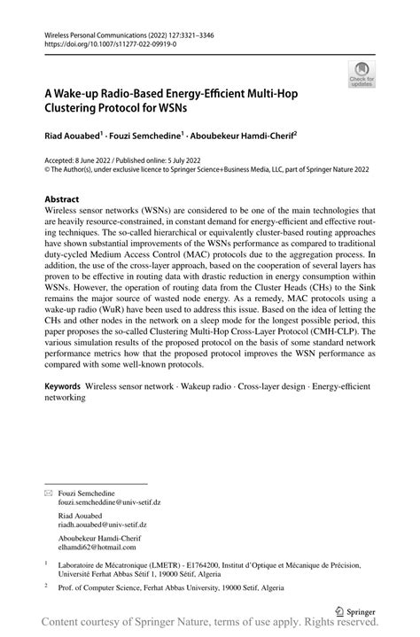 A Wake Up Radio Based Energy Efficient Multi Hop Clustering Protocol For Wsns Request Pdf