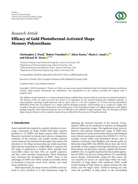 Pdf Efficacy Of Gold Photothermal Activated Shape Memory Polyurethane