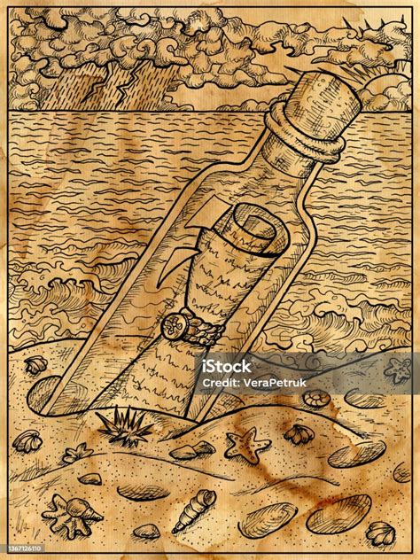 바닷가에 편지가 있는 유리 병의 오래된 종이 질감 그림 항해 빈티지 드로잉 해양 개념 색칠 공부 페이지 티셔츠 및 문신 그래픽 병 속에 담긴 쪽지에 대한 스톡 벡터 아트 및