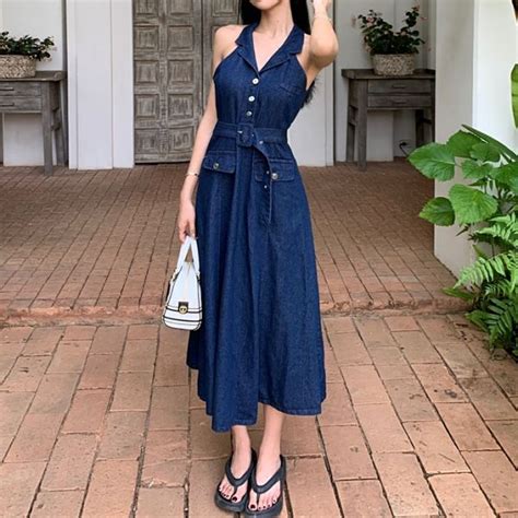 데일리언니 브이넥 카라 홀터 데님 롱원피스 정장 학생 데일리 데이트 하객