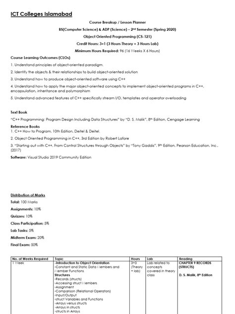 Cs 121 Oop Course Outline 4 07 2020 Pdf Class Computer Programming