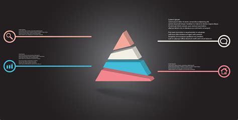3d 그림 인포 그래픽 템플릿입니다 양각 삼각형은 무작위로 4 개의 색상 부분으로 나뉩니다 개체는 회색 검정색 배경에 배치 됩니다 원에 기호가 있는 선은 측면에 있습니다 0