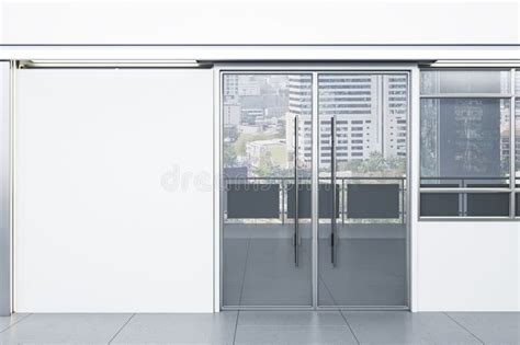 Modern Storefront With Empty Wide Mock Up Banner And City Window Reflections 3d Rendering Stock