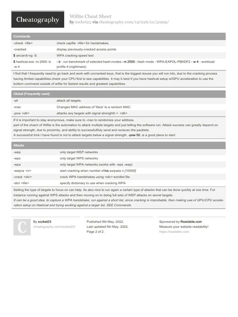 Wifite Cheat Sheet By Via Download Free Pdf Software Computer