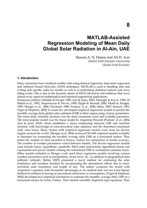 Pdf Matlab Assisted Regression Modeling Of Mean Daily Global Solar