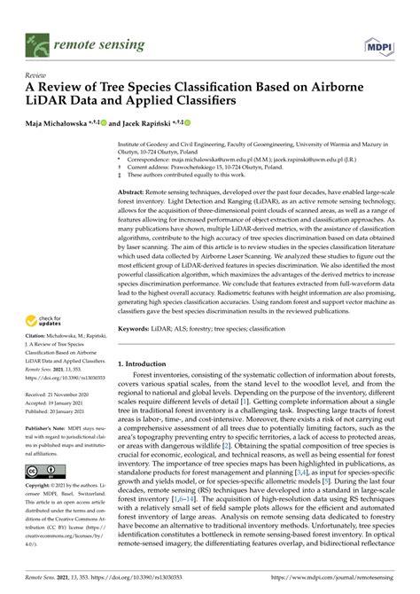 Pdf A Review Of Tree Species Classification Based On Airborne Lidar Data And Applied Classifiers