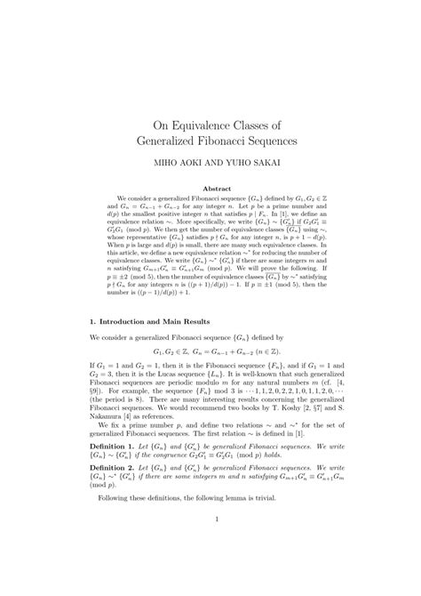 Pdf On Equivalence Classes Of Generalized Fibonacci Sequences