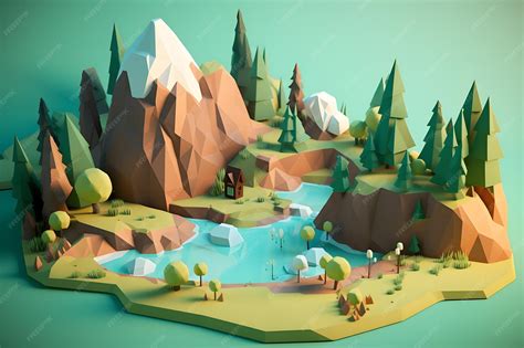 Premium Photo A Low Poly Landscape With Mountains And A River