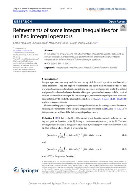 Pdf Refinements Of Some Integral Inequalities For Unified Integral