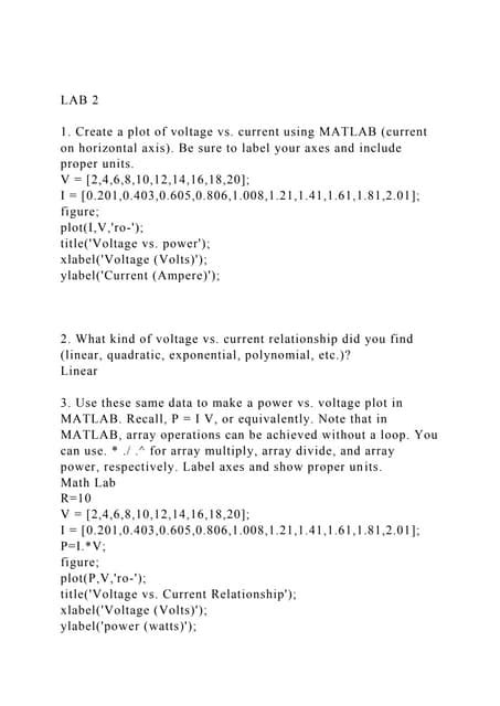 lab 21 create a plot of voltage vs current using matlab cur docx