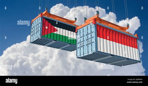 Cargo Containers With Jordan And Indonesia National Flags 3d Rendering