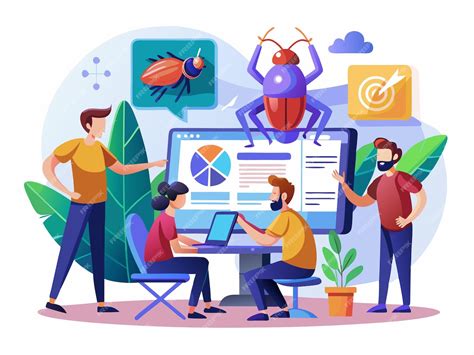Team Of Developers Debugging Software Bug On Computer Screen Vector Art