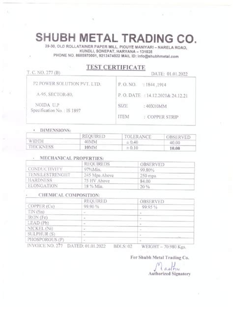 Test Certificates Busbar Copper Pdf