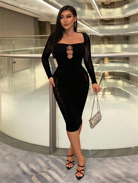 Shein Sxy Gorgeous Lady Sexy Black Hollow Party Nightclub Hot Girl