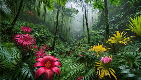 Lush Rainforest Scene With Vibrant Flowers Background Rainforest