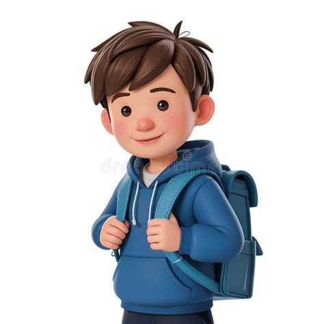 Cartoon Boy With Backpack Wearing Blue Hoodie On White Background